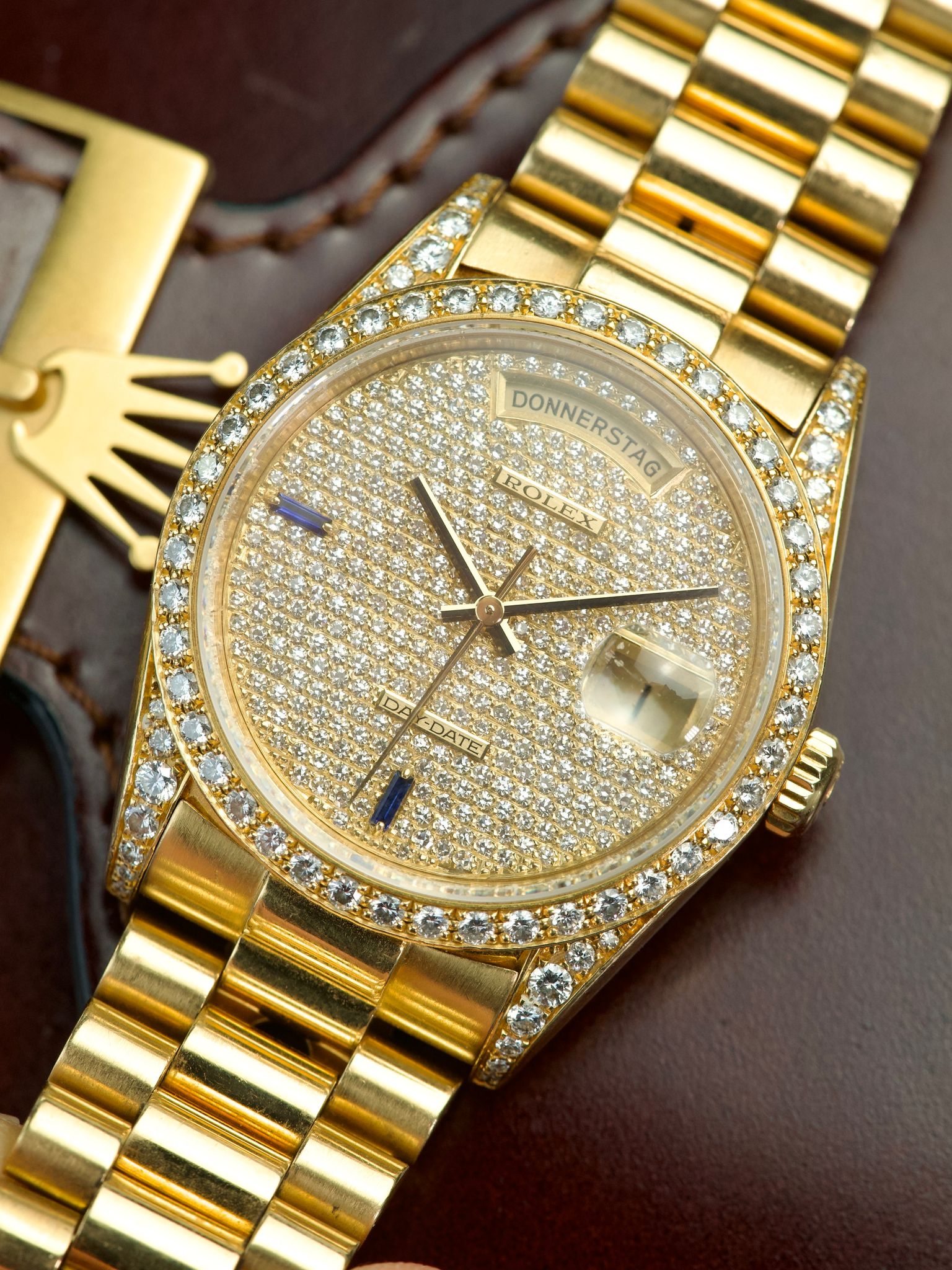 Rolex - Rolex Day Date 18388 FULL SET Pave Diamond Sapphire Crown ...